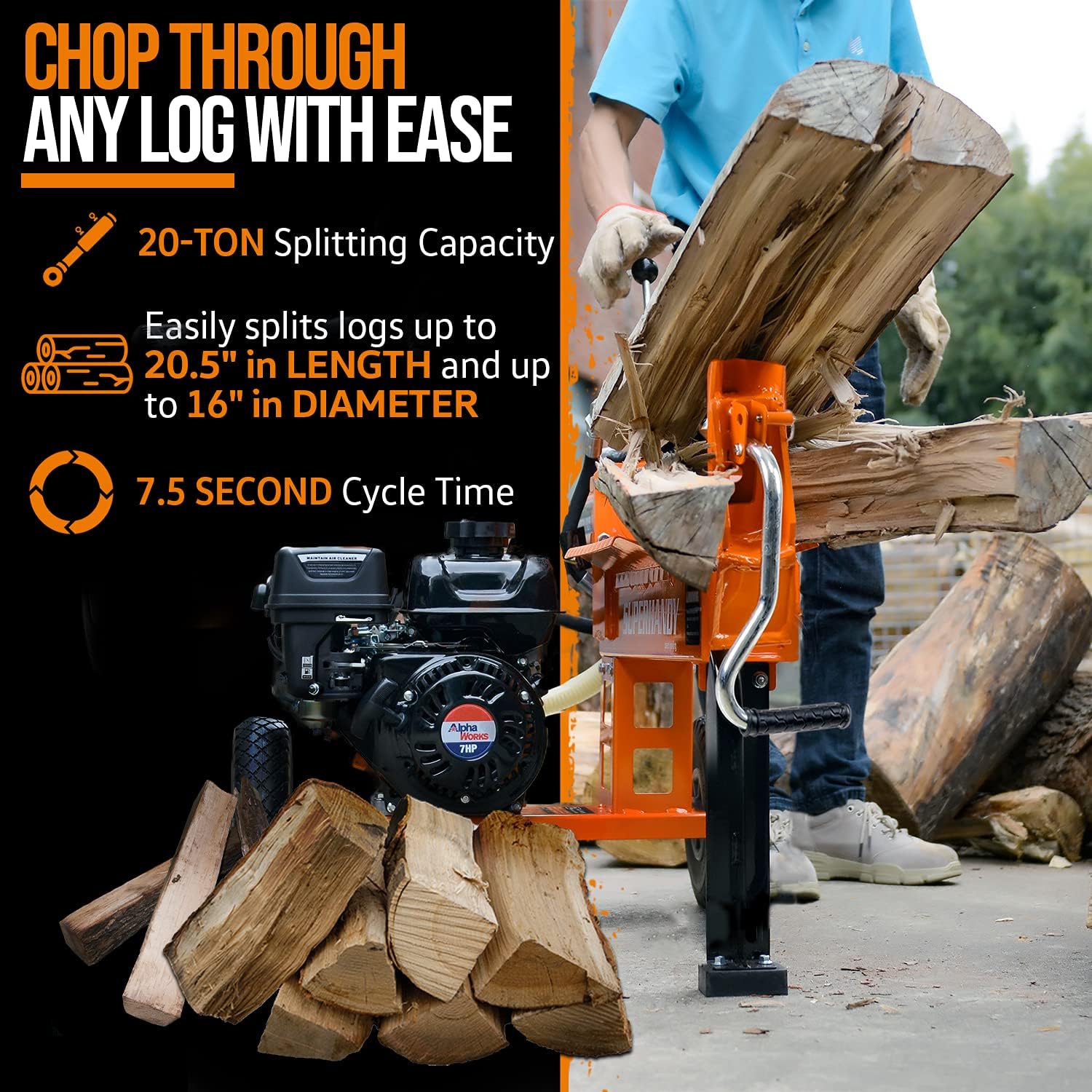 SuperHandy Portable 20 Ton 7HP Gas Powered Log Splitter (GUO077) – Wood ...