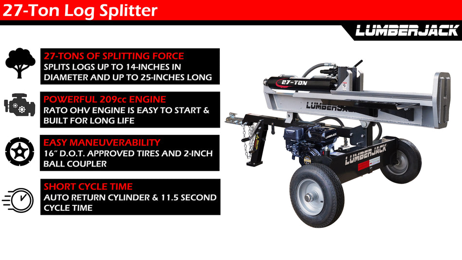 Lumber Jack 27-Ton Gas Log Splitter 208cc OHV Engine (YTL-171-190 ...
