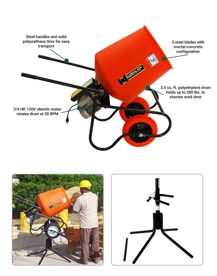 Kushlan Electric Direct Drive Cement Mixer, 3.5-Cubic ft. 3/4 HP (350DD ...