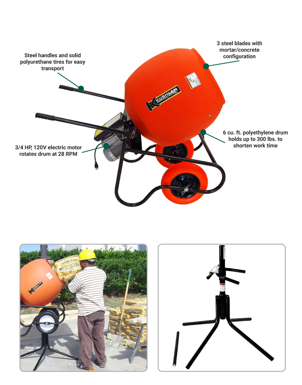 Kushlan Electric Direct Drive Cement Mixer, 6-Cubic ft. 3/4 HP (600DD ...